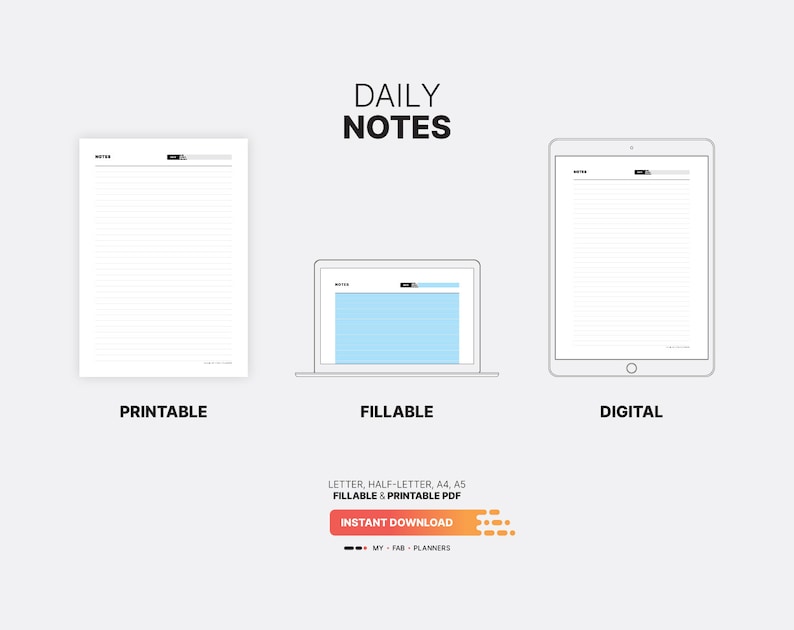 Daily Notes Taking & Writing Planner Page Template, Digital Organizer ...