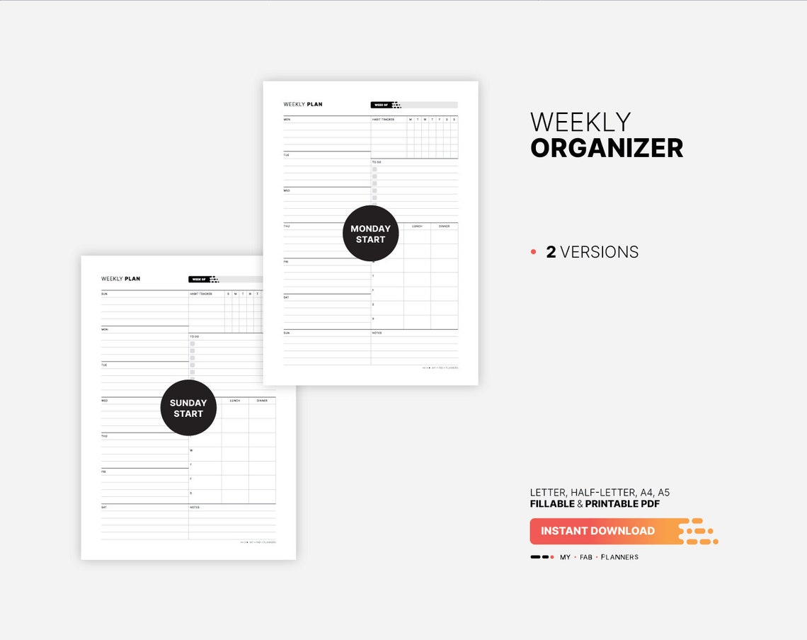 Weekly Organizer, Printable Undated Week At-a-glance Plan, Fillable ...