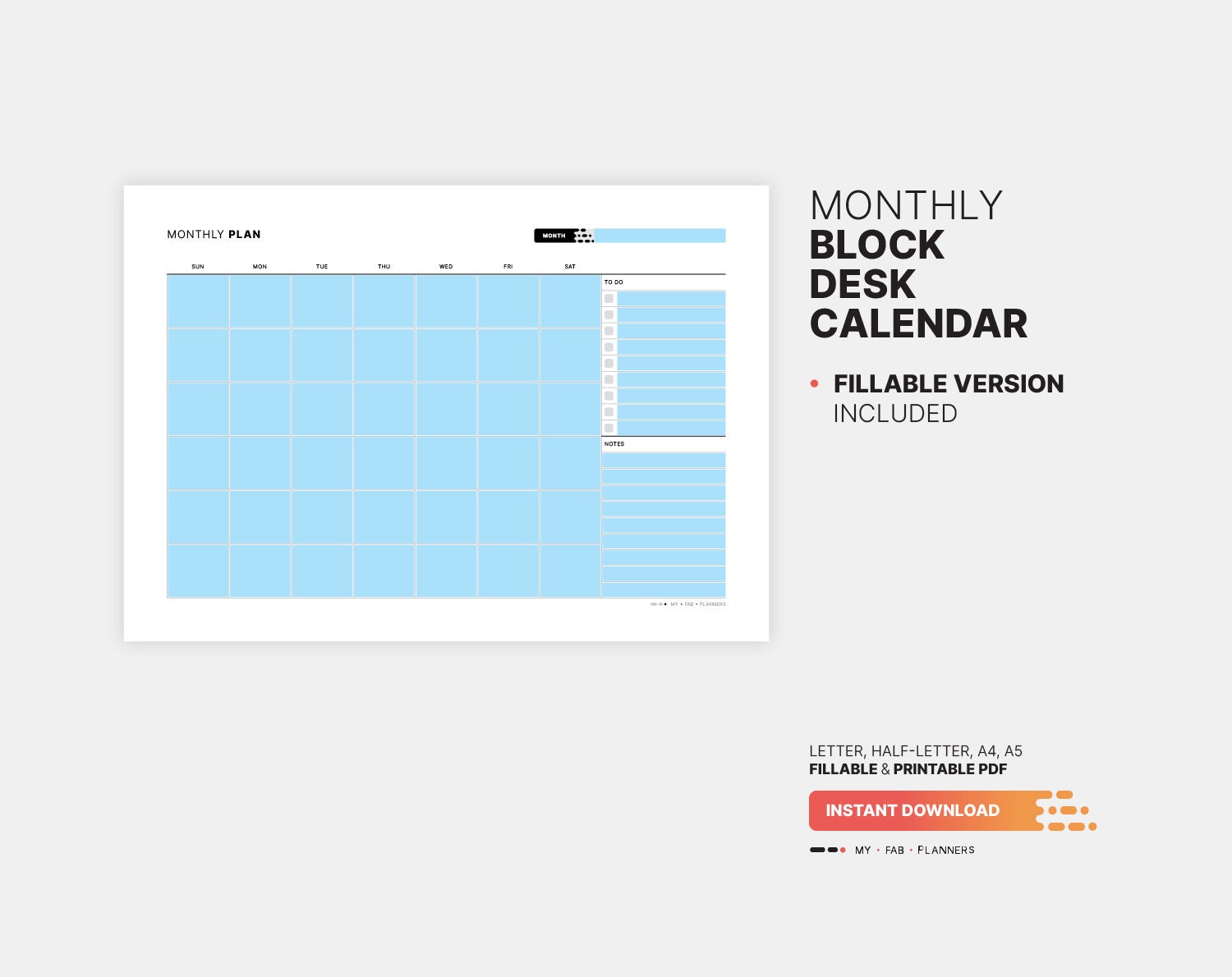 Monthly Block Desk Calendar, Fillable Blank Blocks Planner, Month at a ...