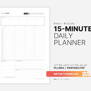 15-minute Daily Planner, Printable Work Schedule Chart, Fillable ...