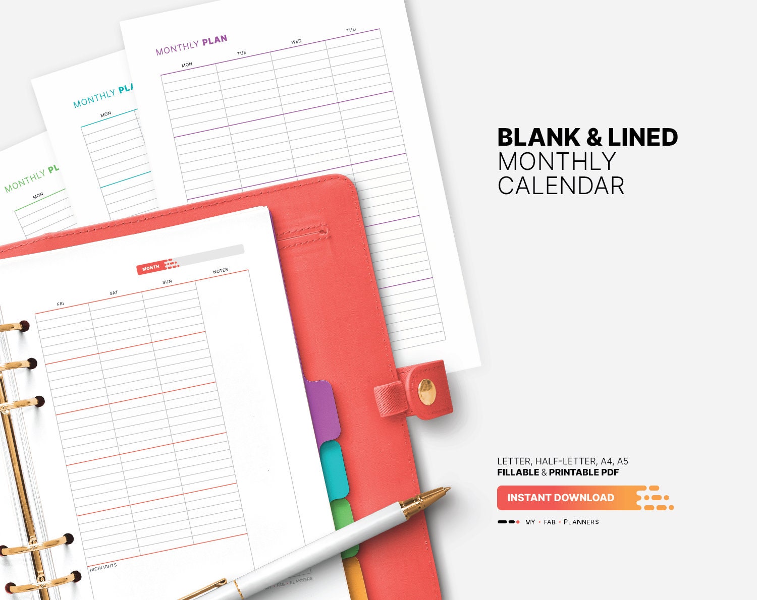 Blank Lined Monthly Calendar, Fillable Month At-a-glance Blocks ...