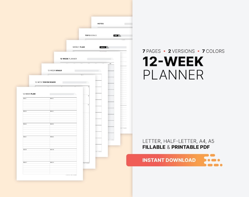 12 Week Planner, Vision Board Overview, Productivity Calendar, Daily ...