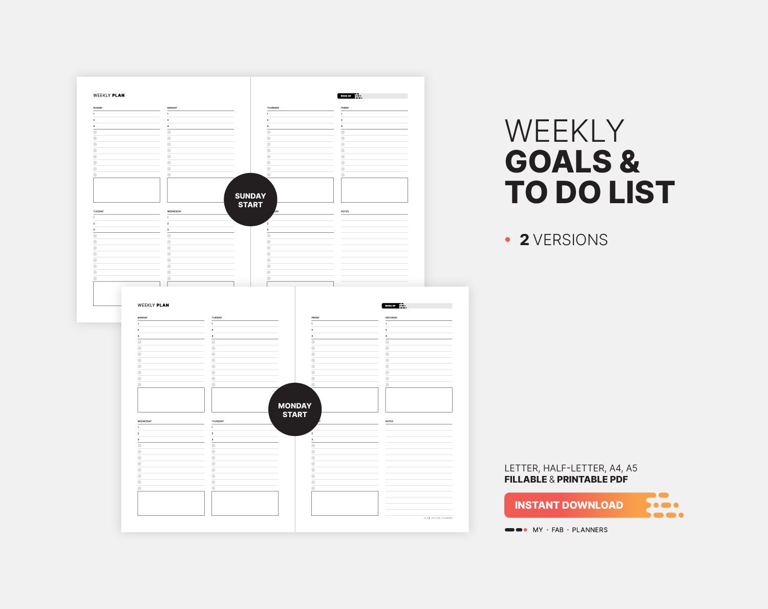 Weekly Goal Setting, Action Plan, Week at a Glance Planner on 2 Pages ...