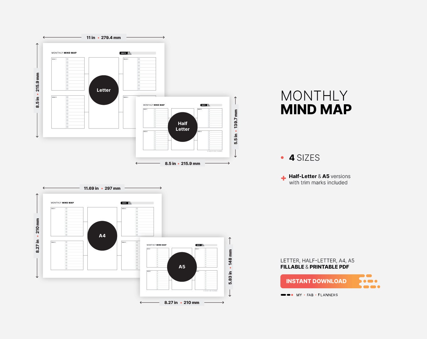 Monthly Mind Map, Printable Weekly Things to Do List, Fillable Project ...