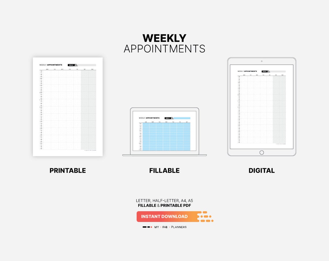 Weekly Appointment Planner, Printable Work & Small Business Agenda, 15 ...