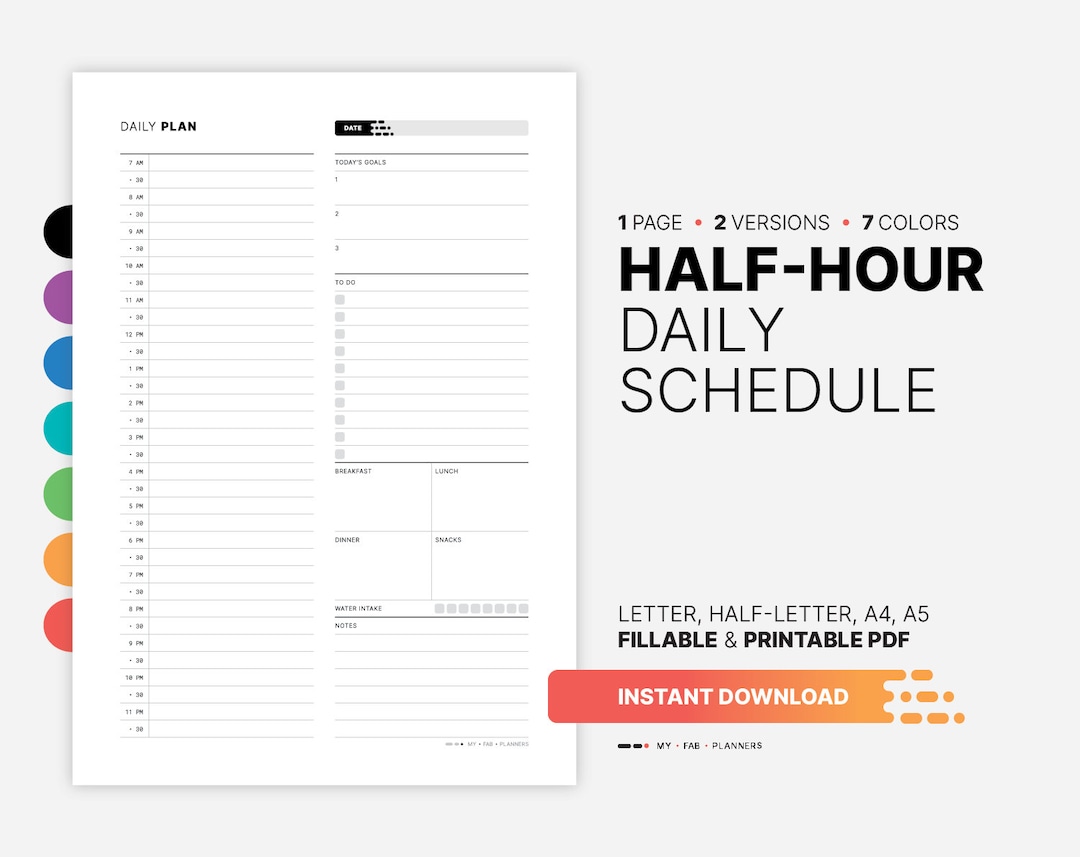 Half-hour Daily Schedule Planner, Fillable Work Productivity Tracker ...