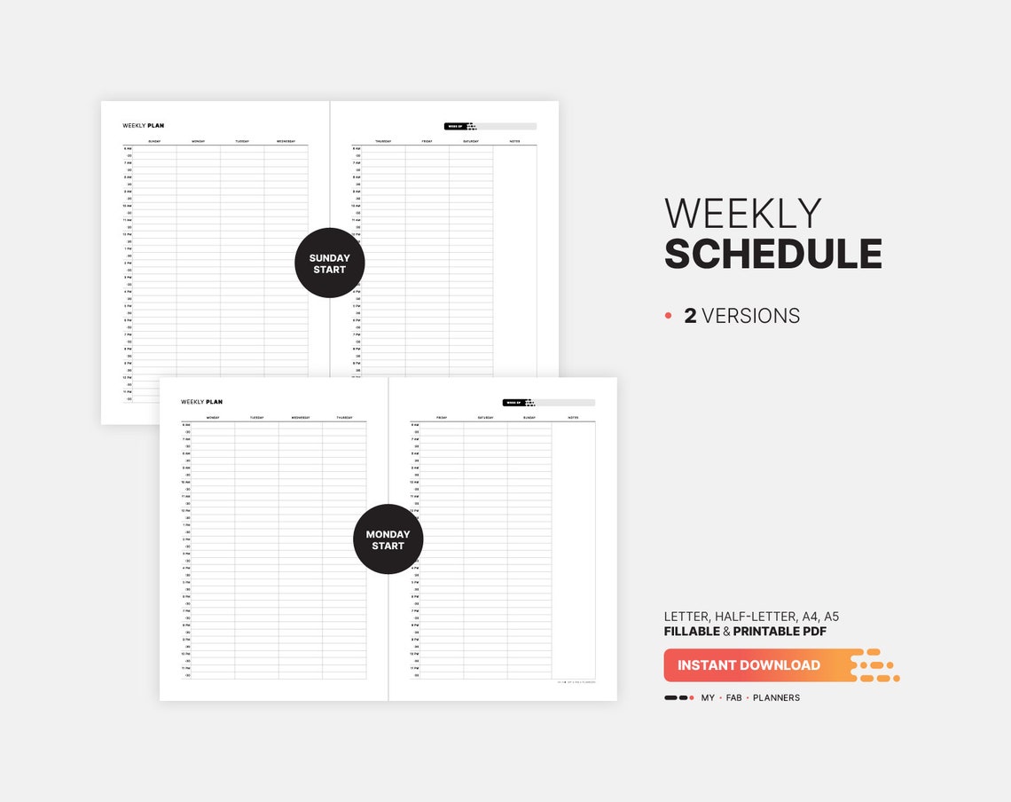 Weekly Schedule Template, Hourly Block Timetable Planner, Week on 2 ...