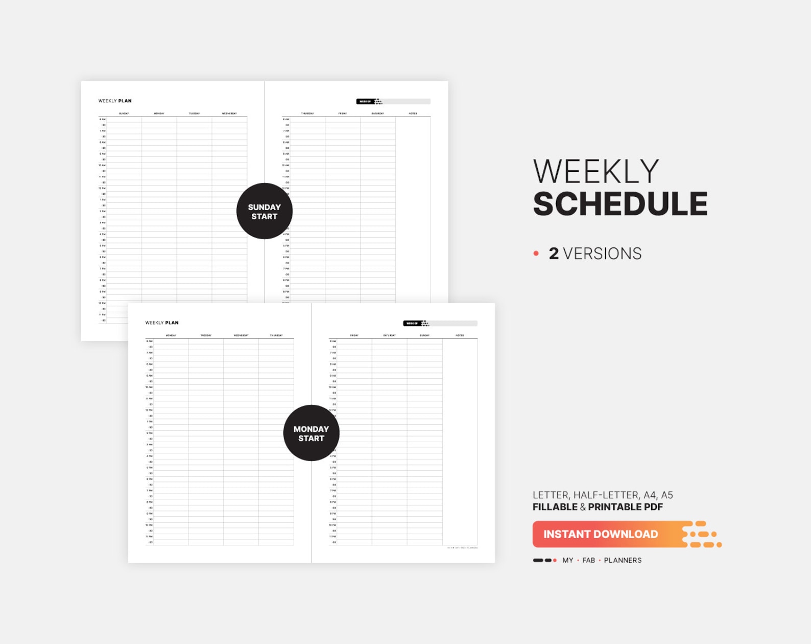 Weekly Schedule Template, Hourly Block Timetable Planner, Week on 2 ...