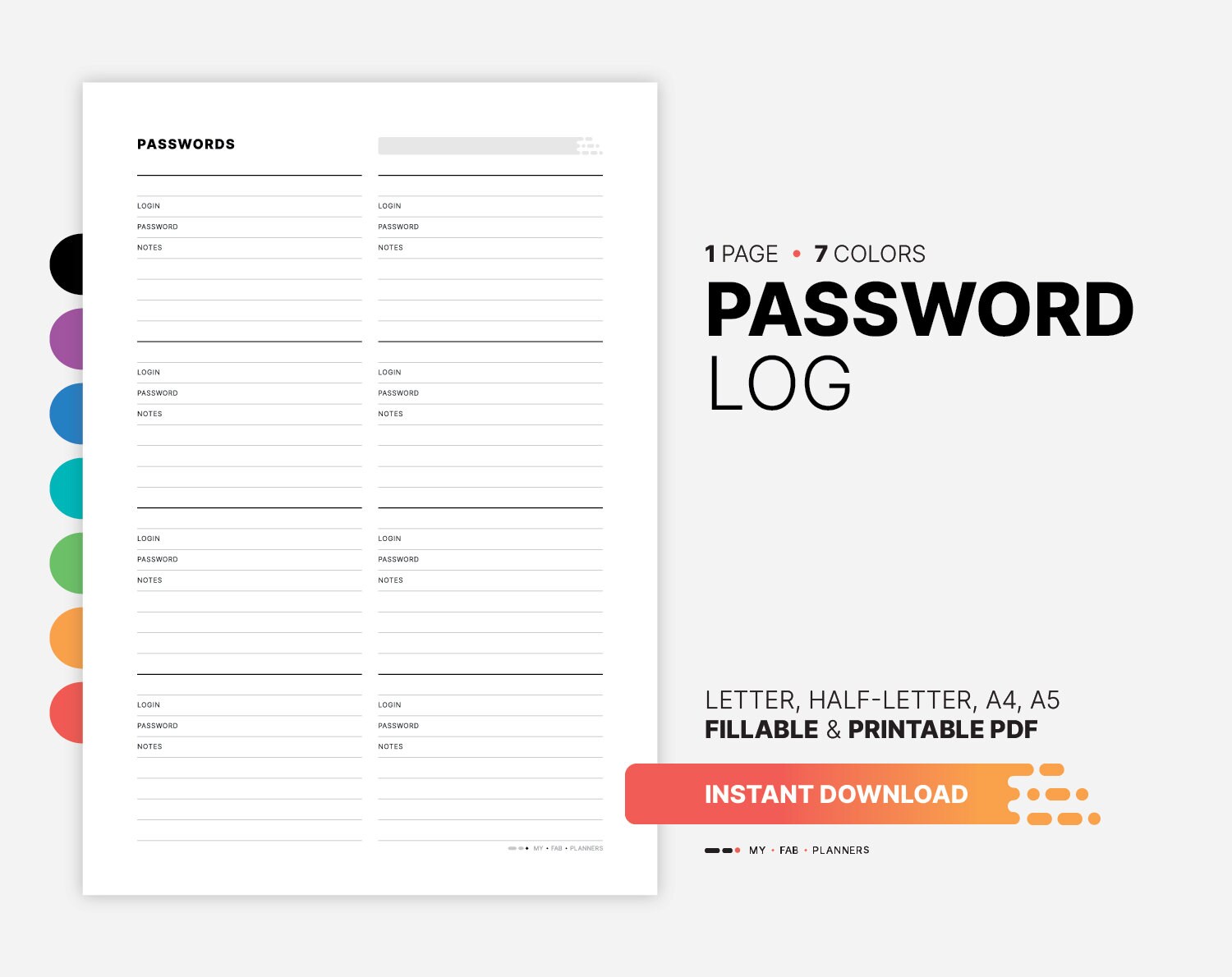 Password Log & Keeper Sheet With Fillable Boxes for Printable Journal ...