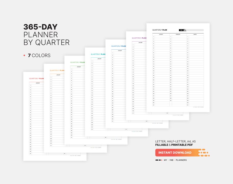 Yearly 365-day Planner & Overview, Quarterly Year of Dates Review ...
