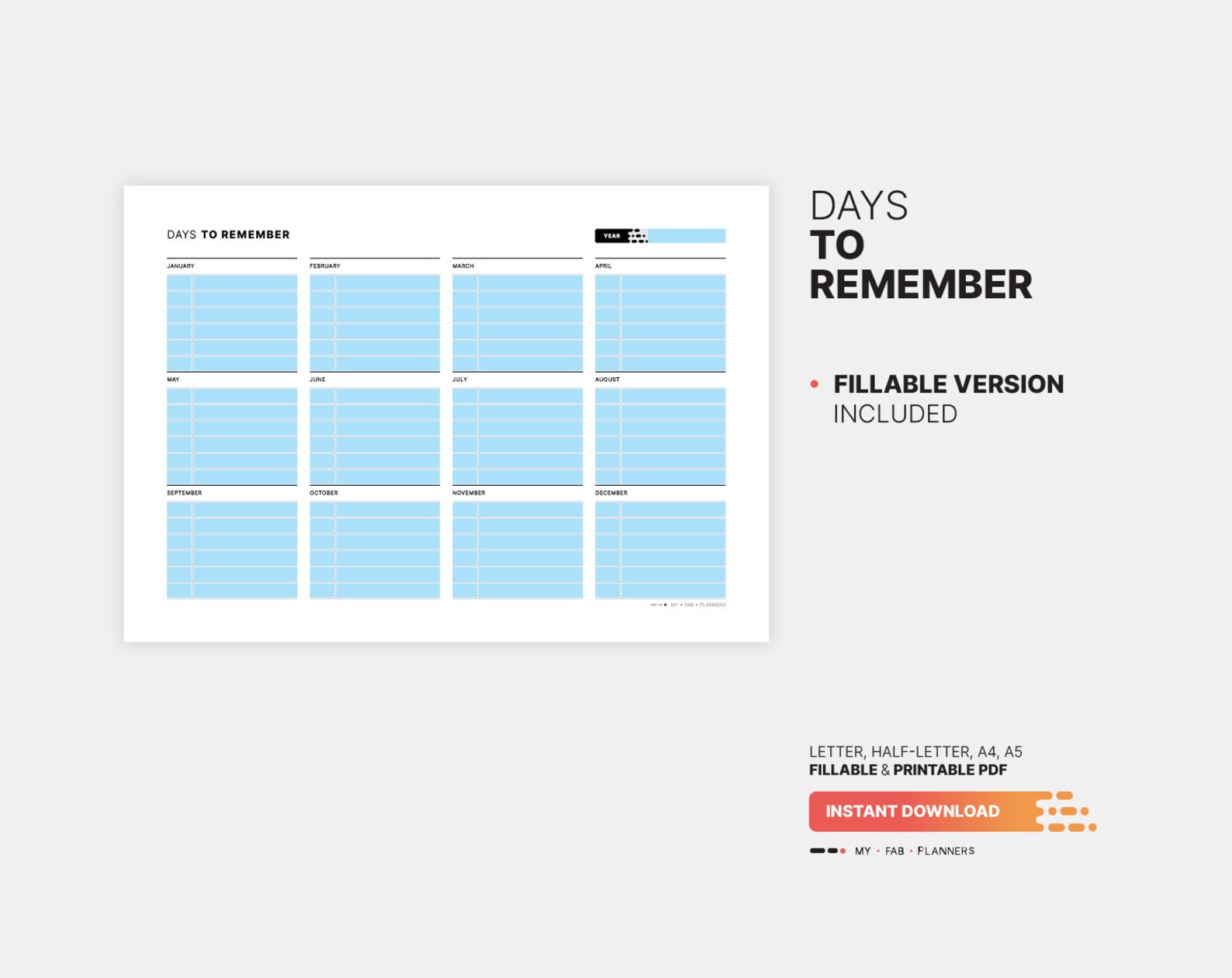 Days to Remember Board, Important Dates Fillable Yearly Planner ...