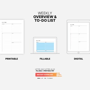 Weekly Overview on Two Pages, Week Ahead At-a-glance Planner, Fillable ...