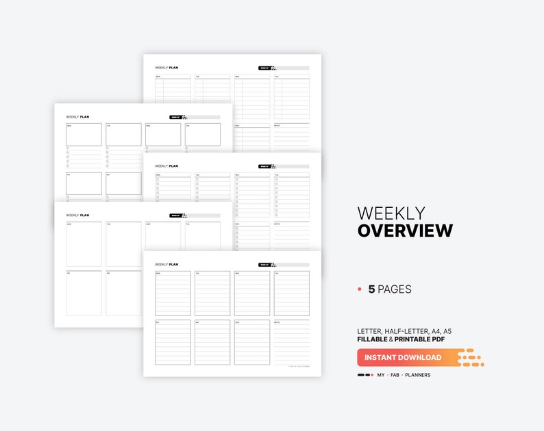 Weekly Overview, Work Productivity Planner, Fillable Schedule, Undated ...