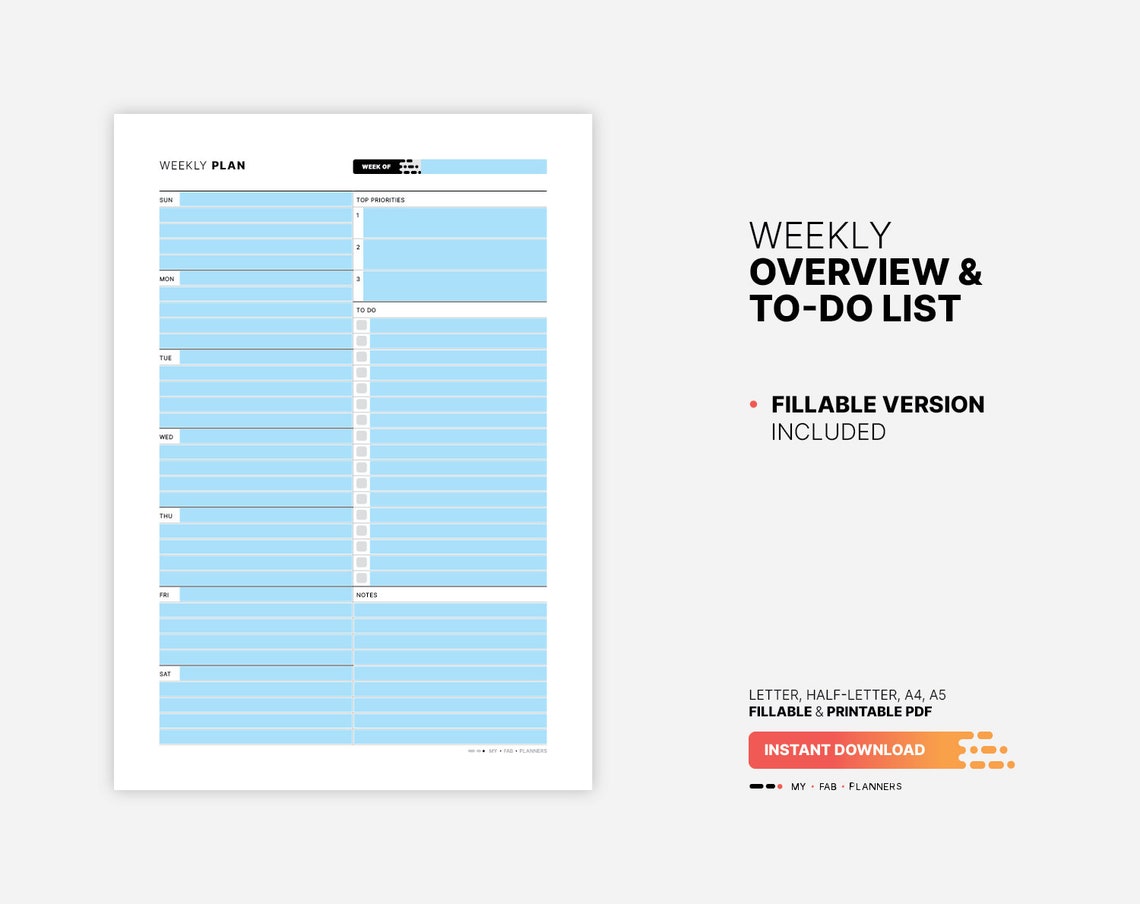 Weekly Overview on One Page, Week Ahead At-a-glance Planner, Fillable ...