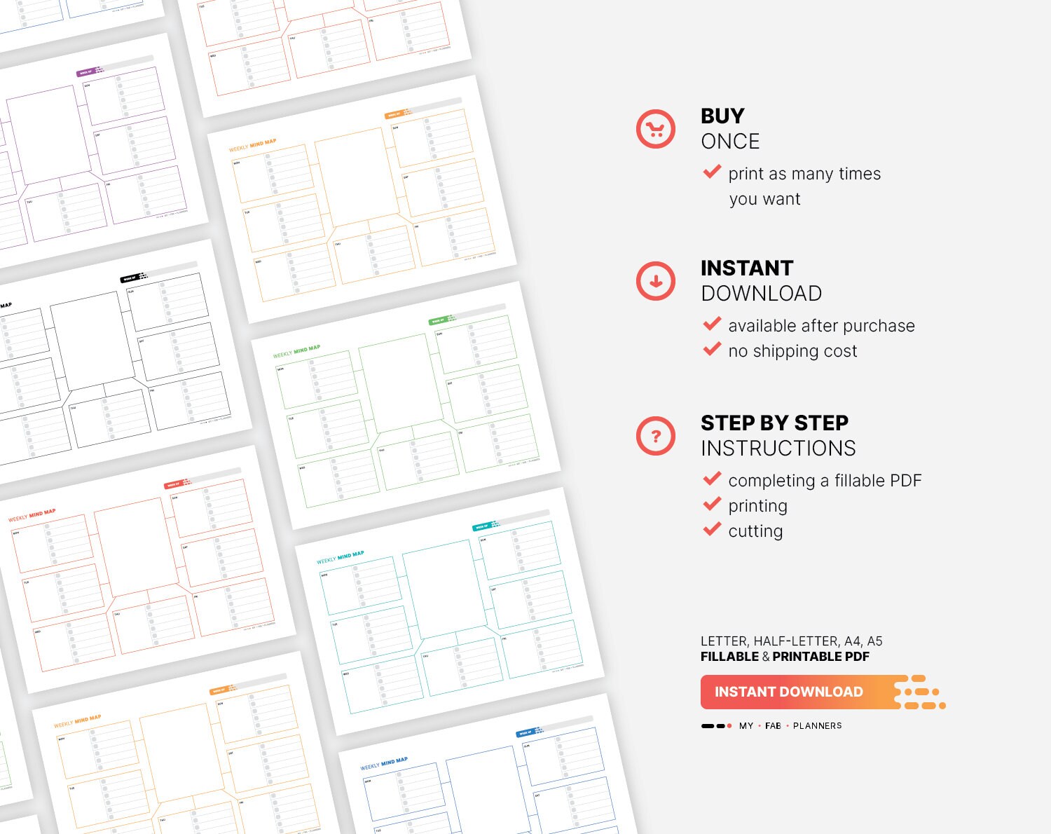 Weekly Mind Map Planner, Printable Vision Board, Fillable Task Action ...
