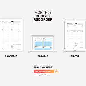 Monthly Budget Recorder, Fillable Financial Dashboard, Finance Income ...