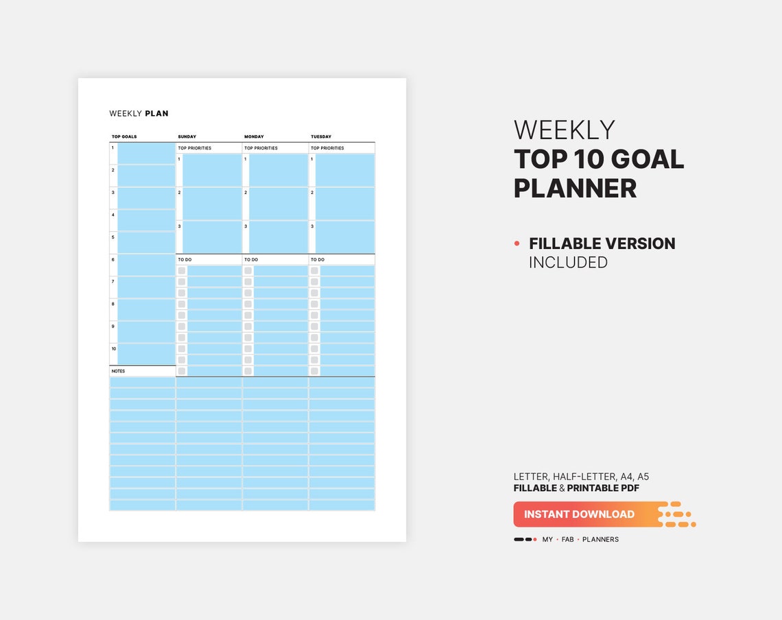 Weekly Top 10 Goal Planner & To-do List, Fillable Goal Mapping ...