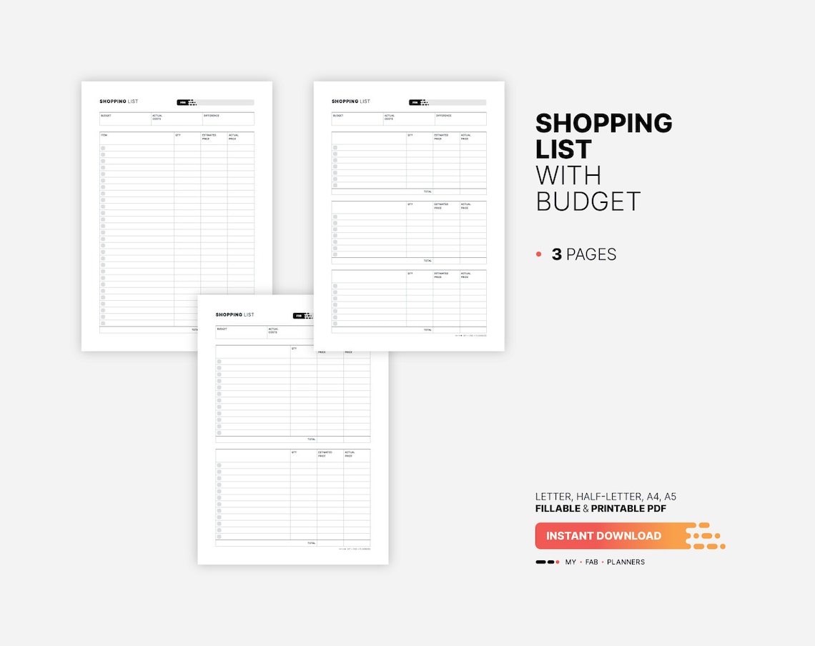 Shopping List With Budget, Printable Personal Finance Planner Sheet ...