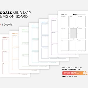 Goal Setting Mind Map & Vision Board, Printable Yearly, Quarterly, Monthly Dashboard, Fillable ...