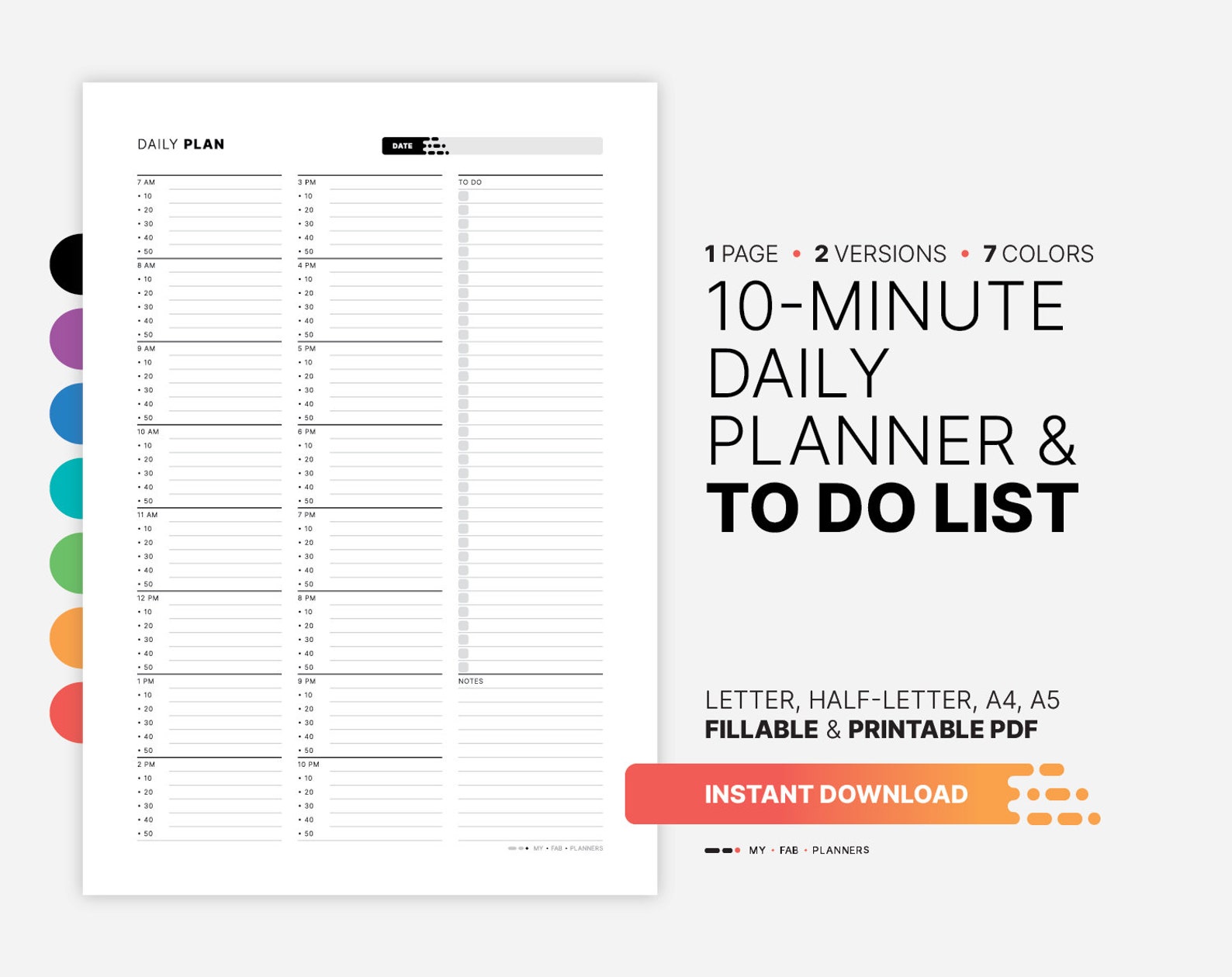 10-minute Daily Planner, Fillable Printable PDF, Productivity Time ...
