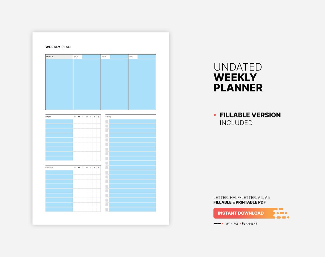 Undated Weekly Planner, Simple Productivity Plan at a Glance, Printable ...