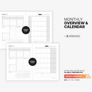 Monthly Overview, Printable Blank Calendar, Fillable Goal Setting ...