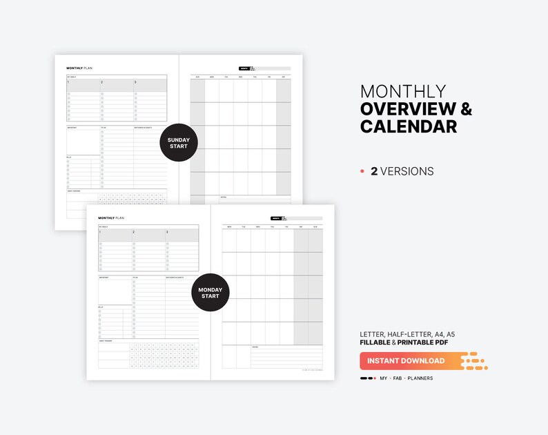 Monthly Overview, Printable Blank Calendar, Fillable Goal Setting ...