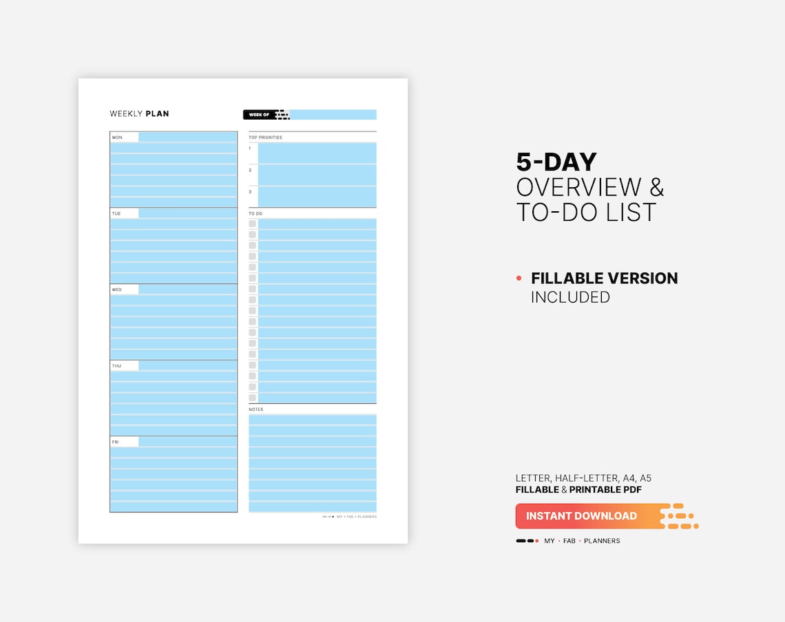 5-day Overview, Printable Things to Do Checklist, Fillable Weekly ...