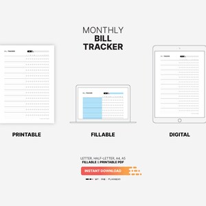 Monthly Bill Tracker, Fillable Financial Planner, Bills Due & Payment ...