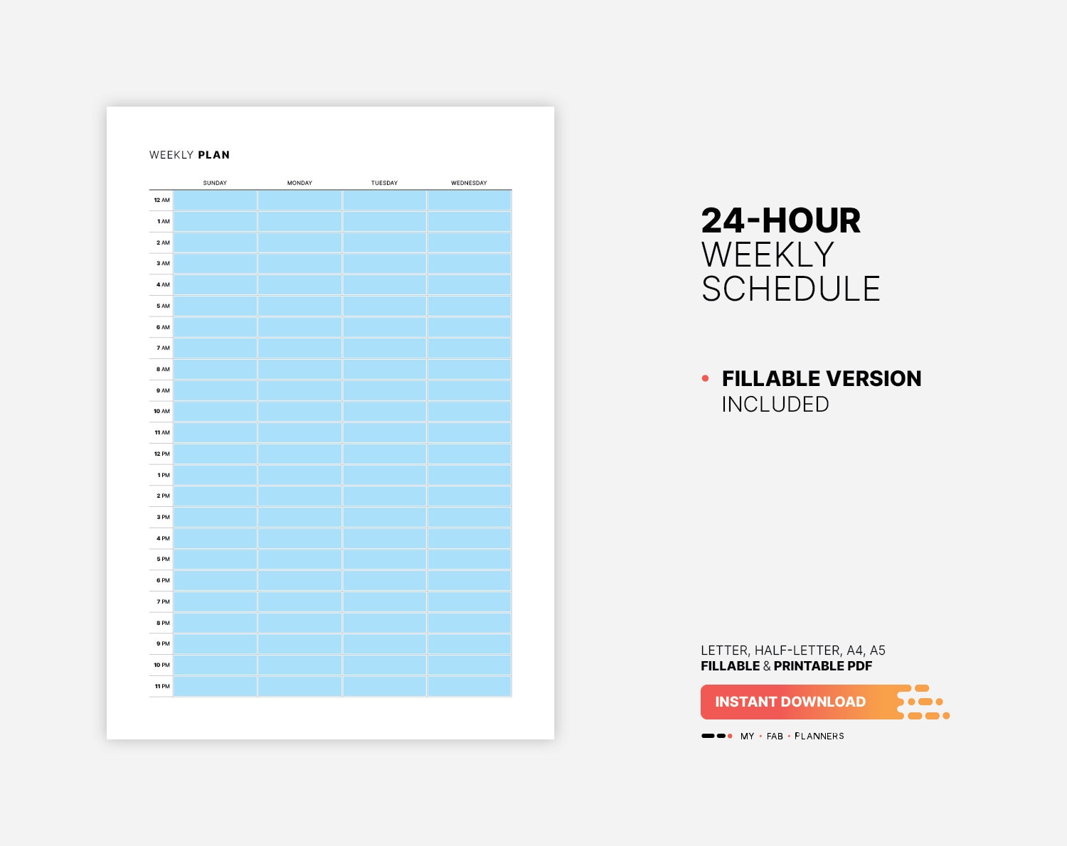 24-hour Weekly Schedule Planner, Fillable Hourly Block Appointment ...