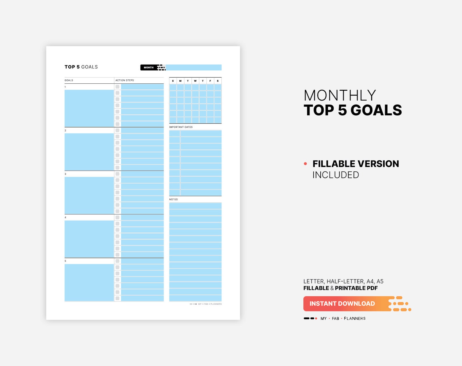 Monthly Top 5 Goal Setting, to Do List, Action Plan at a Glance ...
