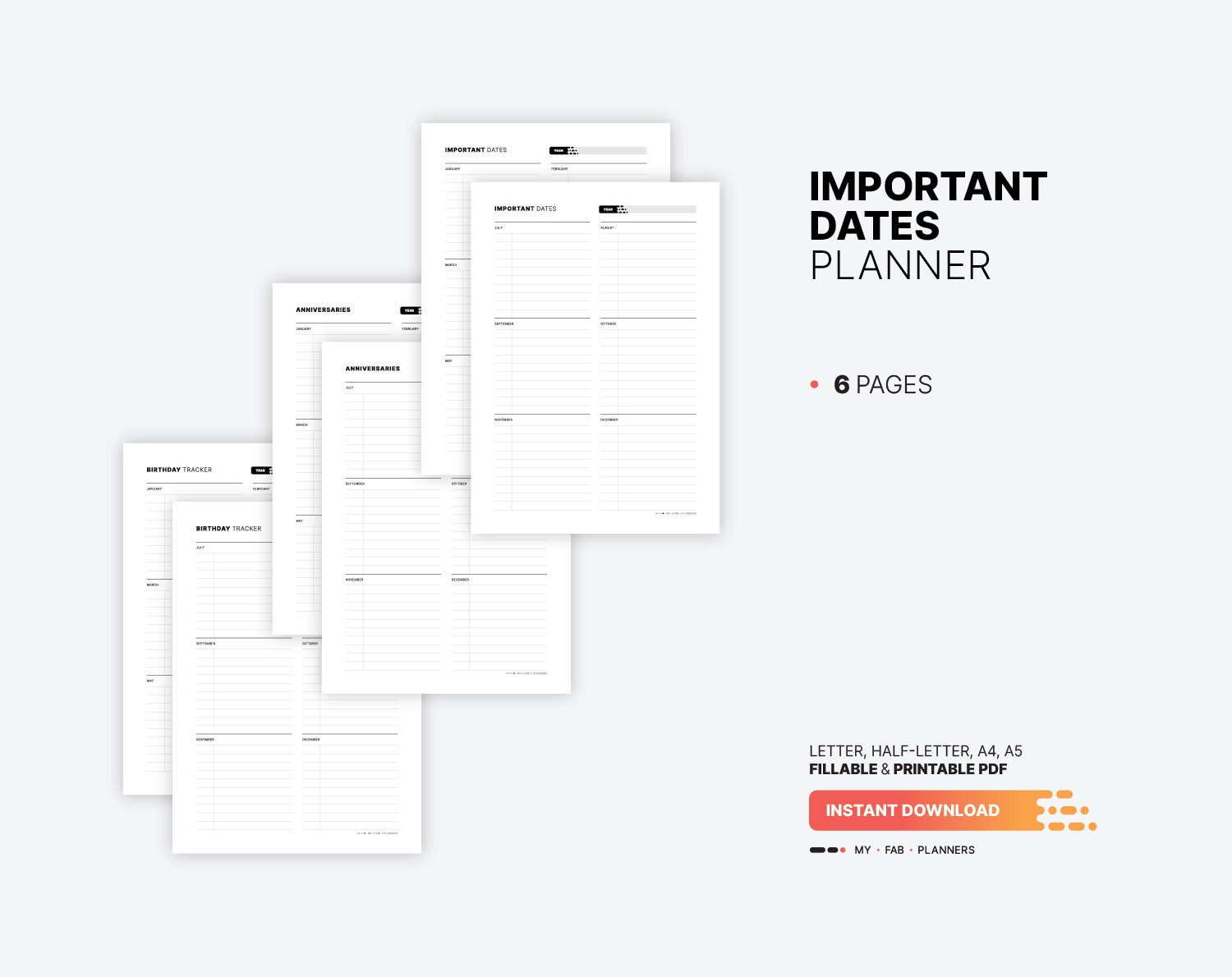 Important Dates Planner, Printable Birthday Tracker, Fillable Year ...