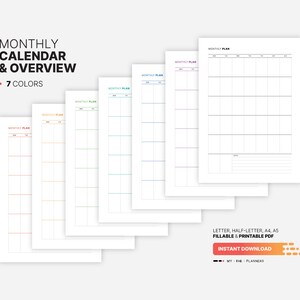 Monthly Blank Calendar & Overview Planner, Undated Fillable Goals ...