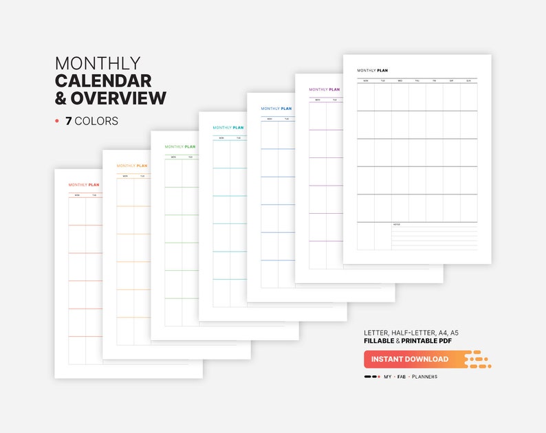 Monthly Blank Calendar & Overview Planner, Undated Fillable Goals ...