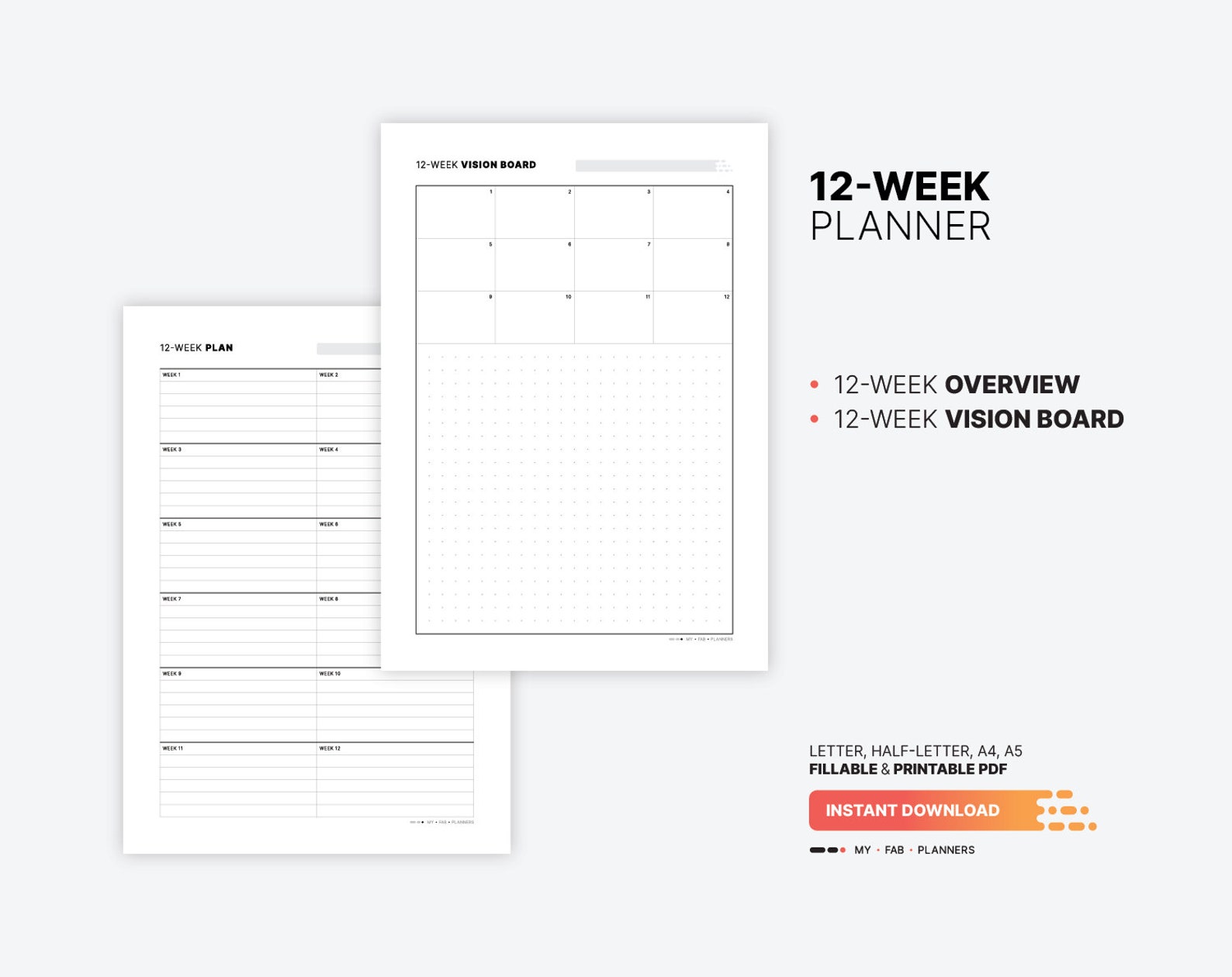 12 Week Planner, Vision Board Overview, Productivity Calendar, Daily ...