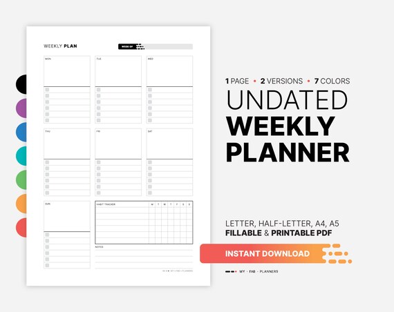 Undated Weekly Planner Fillable Things to Do List Printable - Etsy