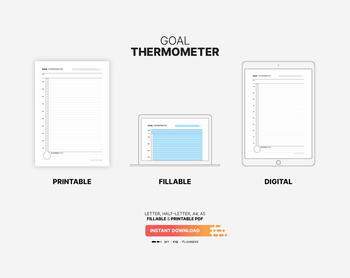 Goal Thermometer Chart Sheet, Goals Crusher Action Plan, Tracker, Meter ...