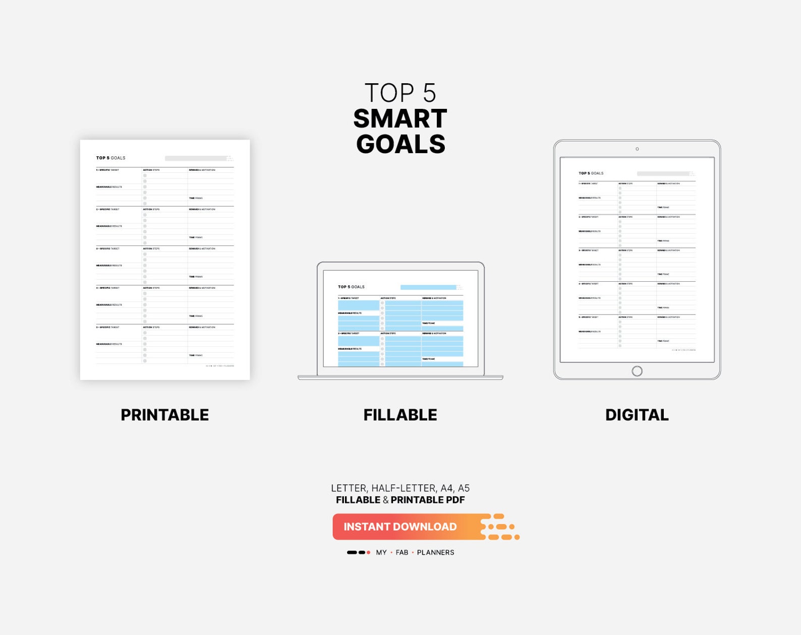 Top 5 SMART Goals With Action Plan, Goal List & Setting Printable ...