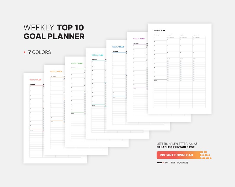 Weekly Top 10 Goal Planner & To-do List, Fillable Goal Mapping ...