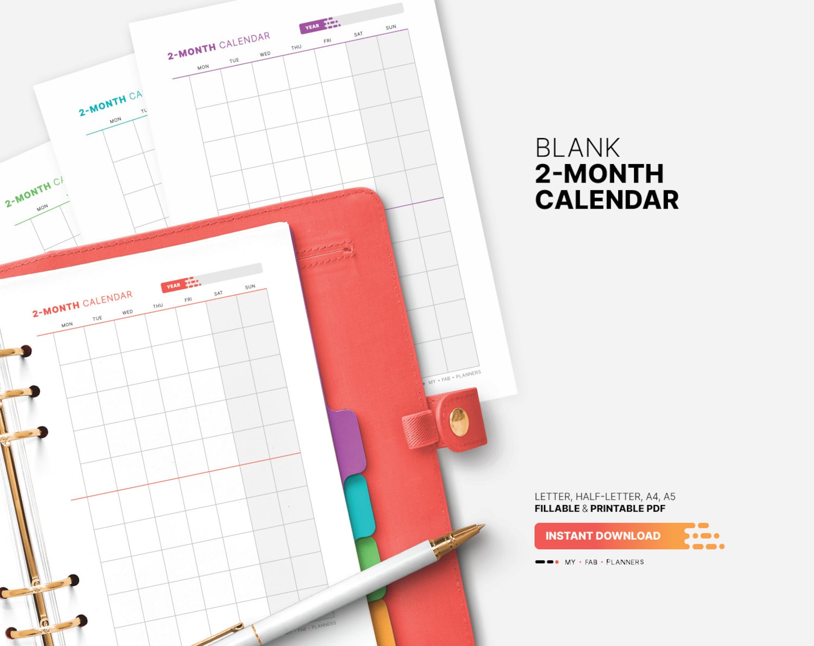 Blank 2 Month Calendar, Undated Multi Month At-a-glance Planner ...