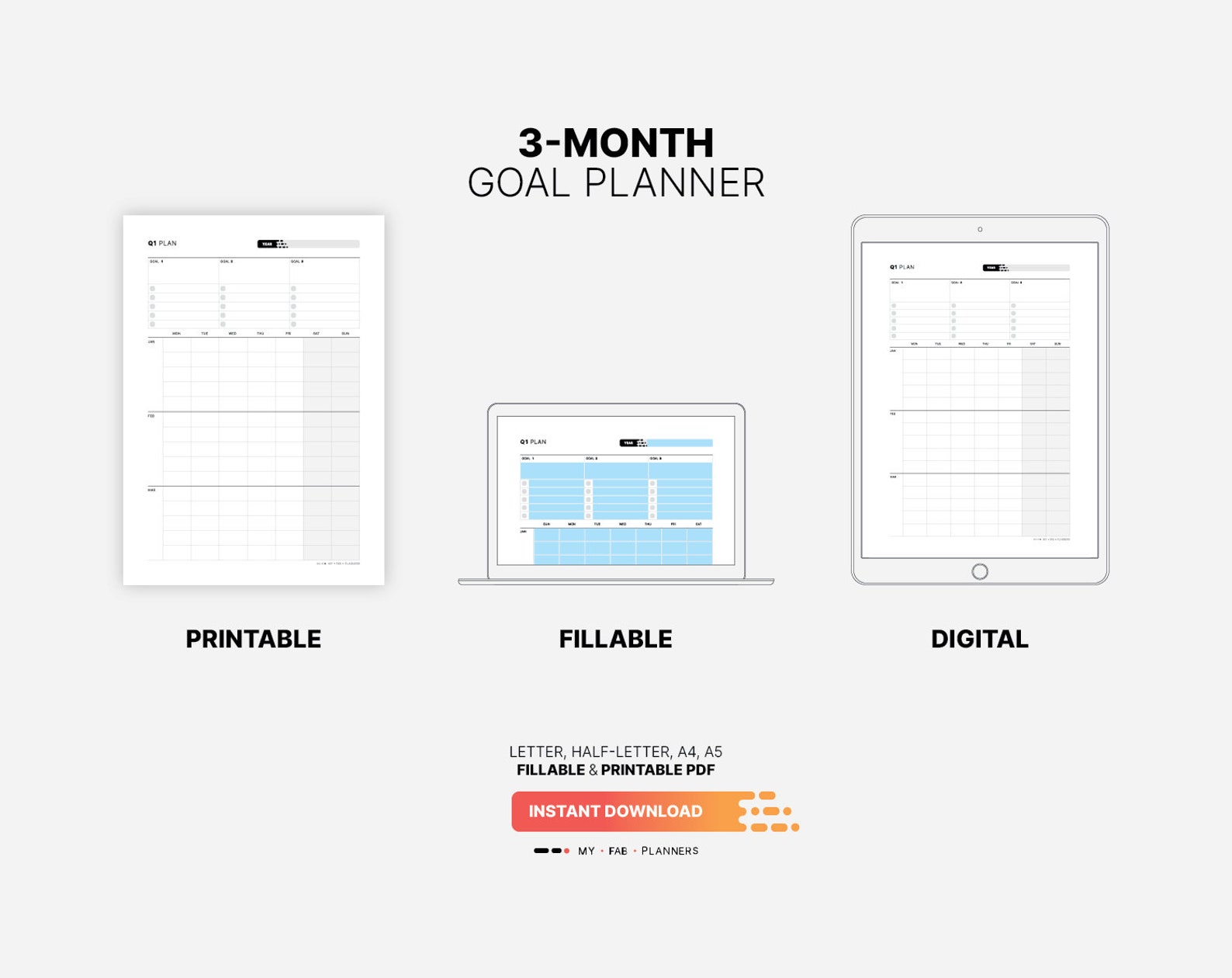 3-month Goal Planner & Calendar, Fillable Yearly, Quarterly Goals ...