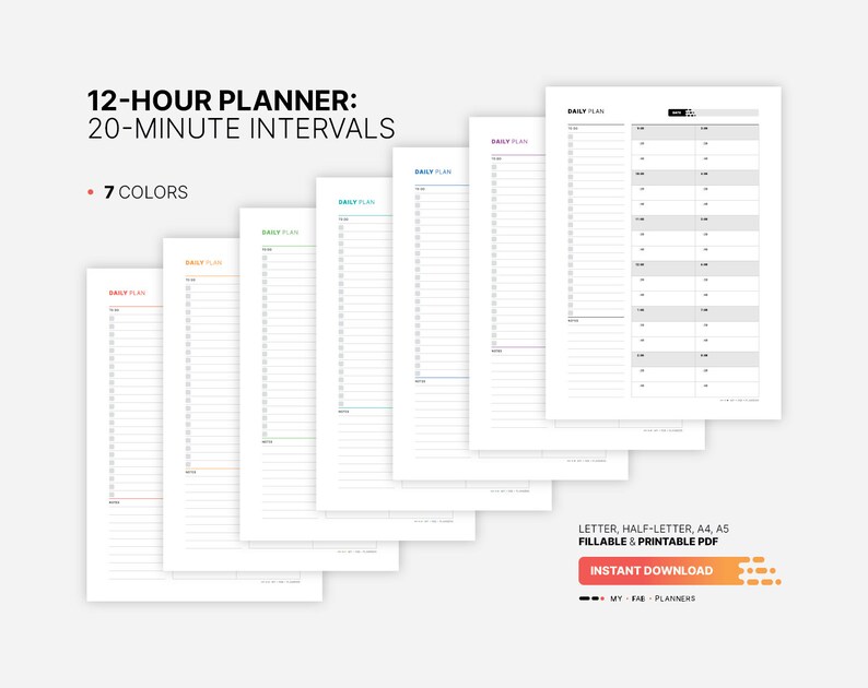 12-hour Planner, Printable 20-minute Work, Study Task Schedule ...