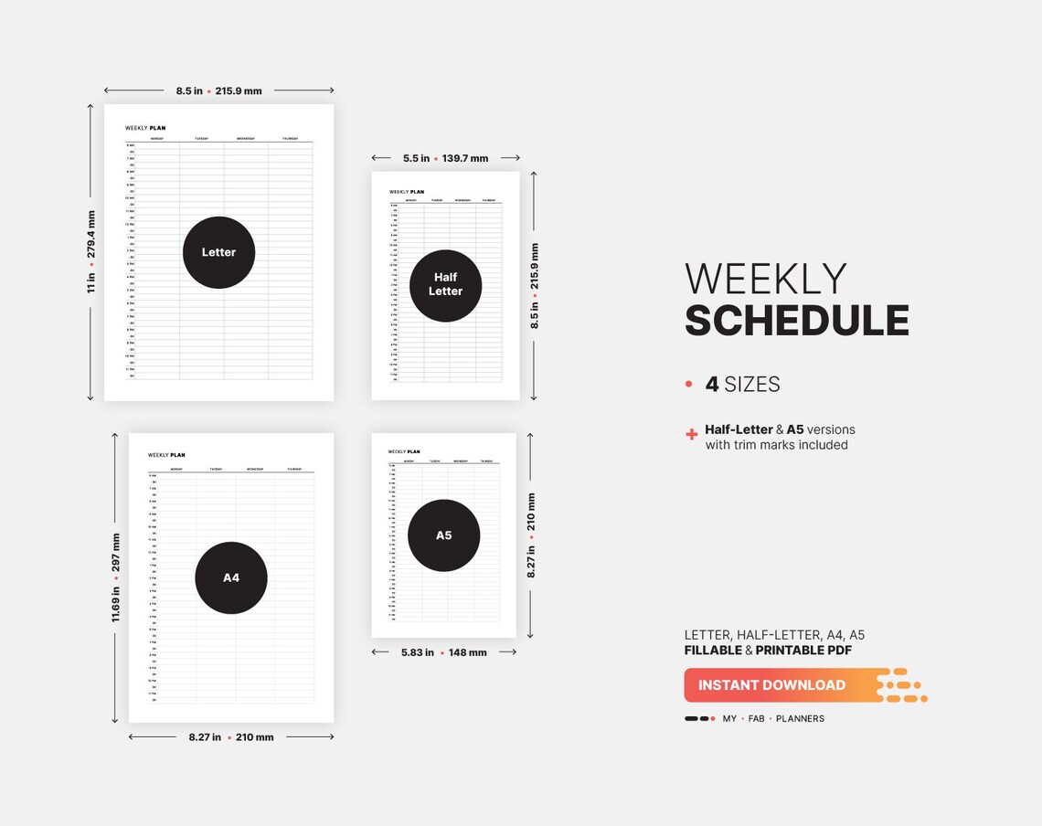 Weekly Schedule Template, Hourly Block Timetable Planner, Week on 2 ...
