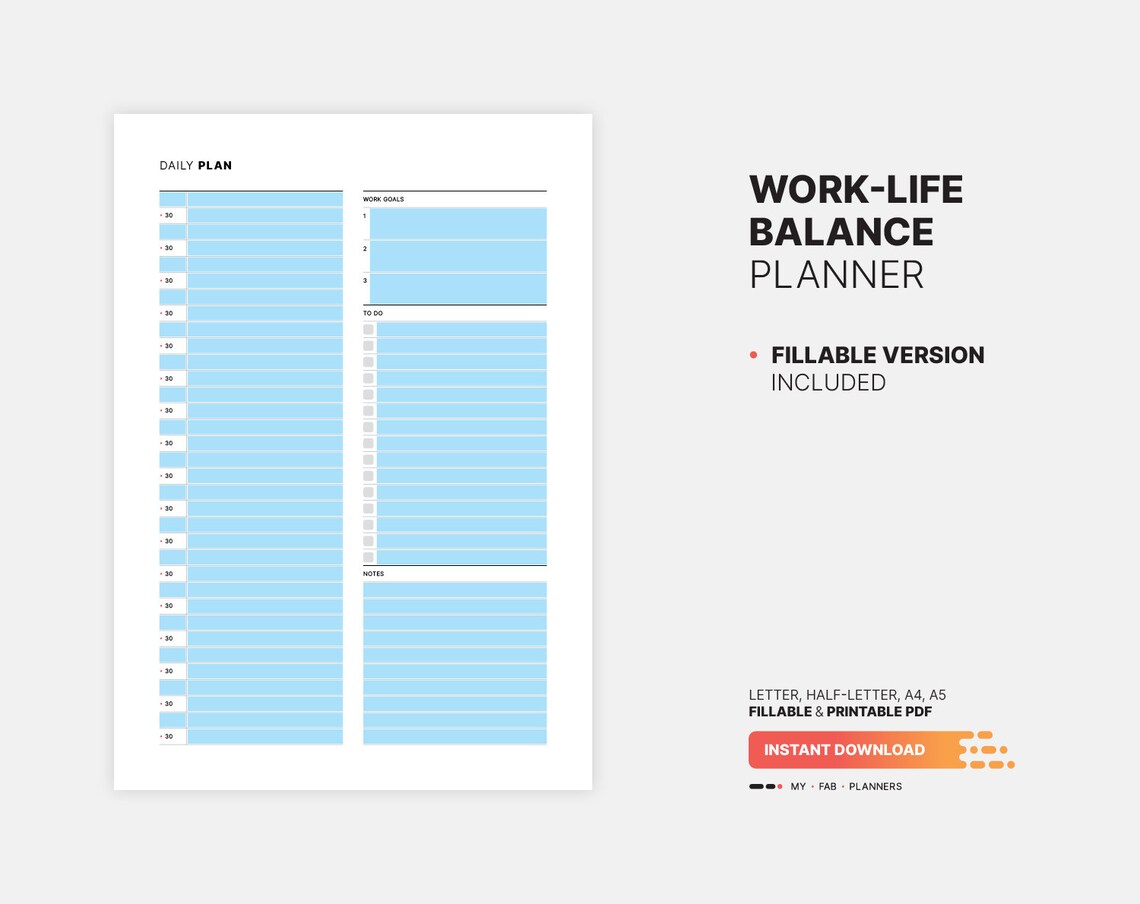 Daily Work Life Balance Planner, Fillable Goals, Time Slots, To-do List ...