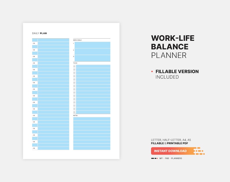Daily Work Life Balance Planner, Fillable Goals, Time Slots, To-do List ...