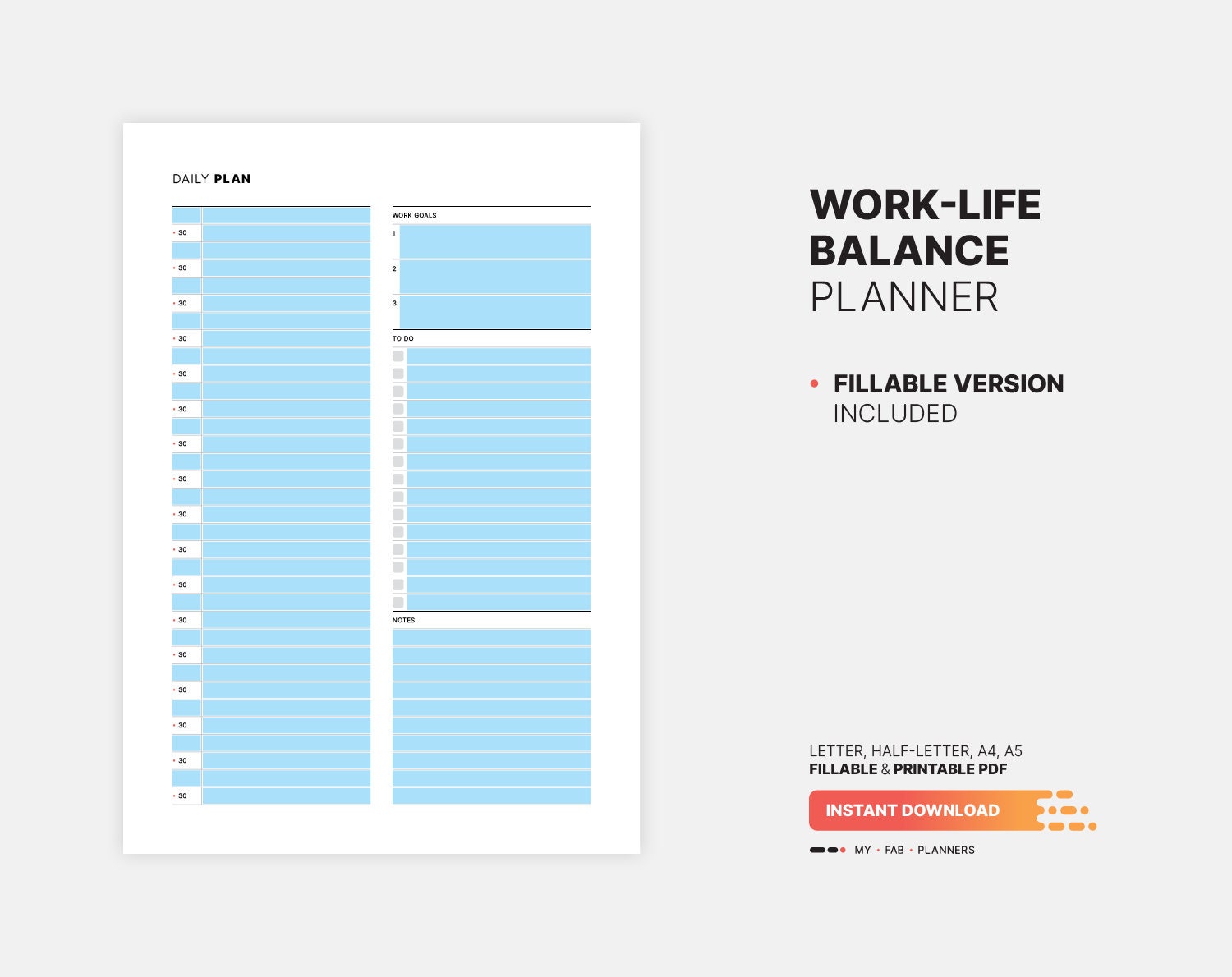 Daily Work Life Balance Planner, Fillable Goals, Time Slots, To-do List ...