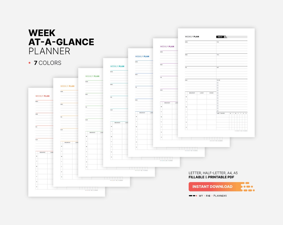 Week At-a-glance Planner, Meal Plan Printable Template, Fillable Weekly ...