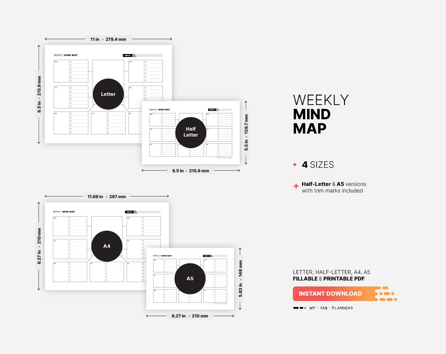 Weekly Mind Map Planner, Printable Vision Board, Fillable Task Action ...