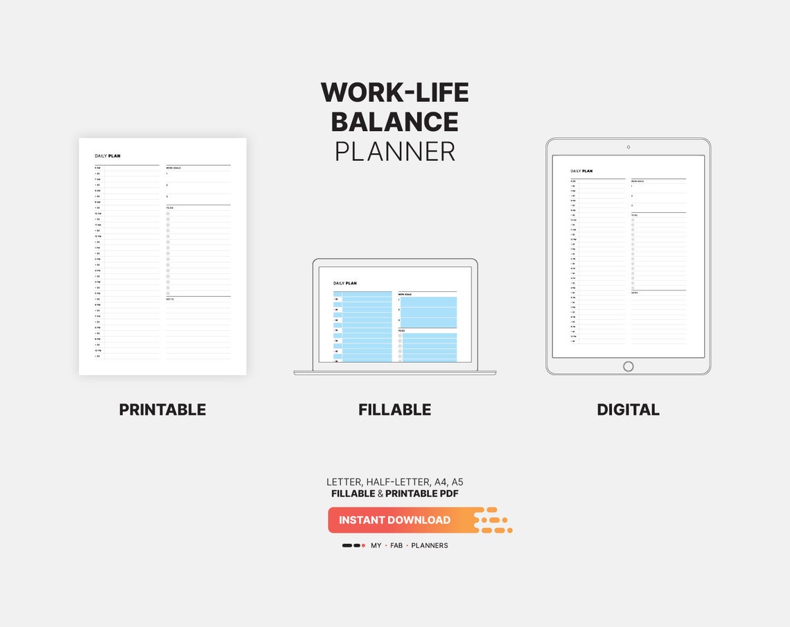 Daily Work Life Balance Planner, Fillable Goals, Time Slots, To-do List ...