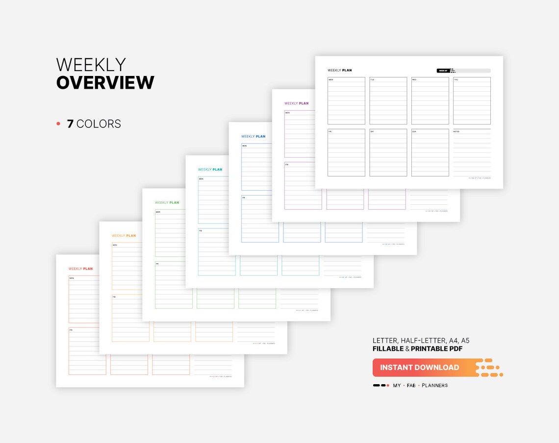 Weekly Overview, Work Productivity Planner, Fillable Schedule, Undated ...